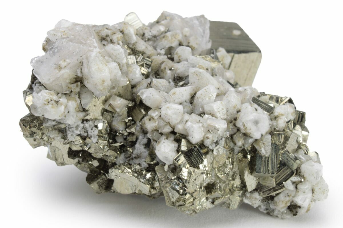 2.4" Scalenohedral Calcite on Striated, Cubic Pyrite - Peru (#225976 ...